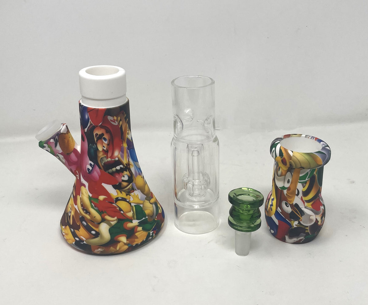 Beaker Silicone Wax Rig/Bong Glass Shower Perc Mario Bros Design
