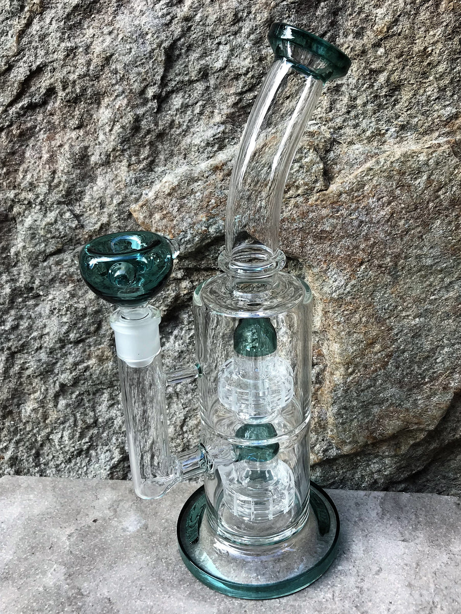Best 11" Thick Glass Double Shower & Dome Perc Rig 14mm Male Herb Bowl