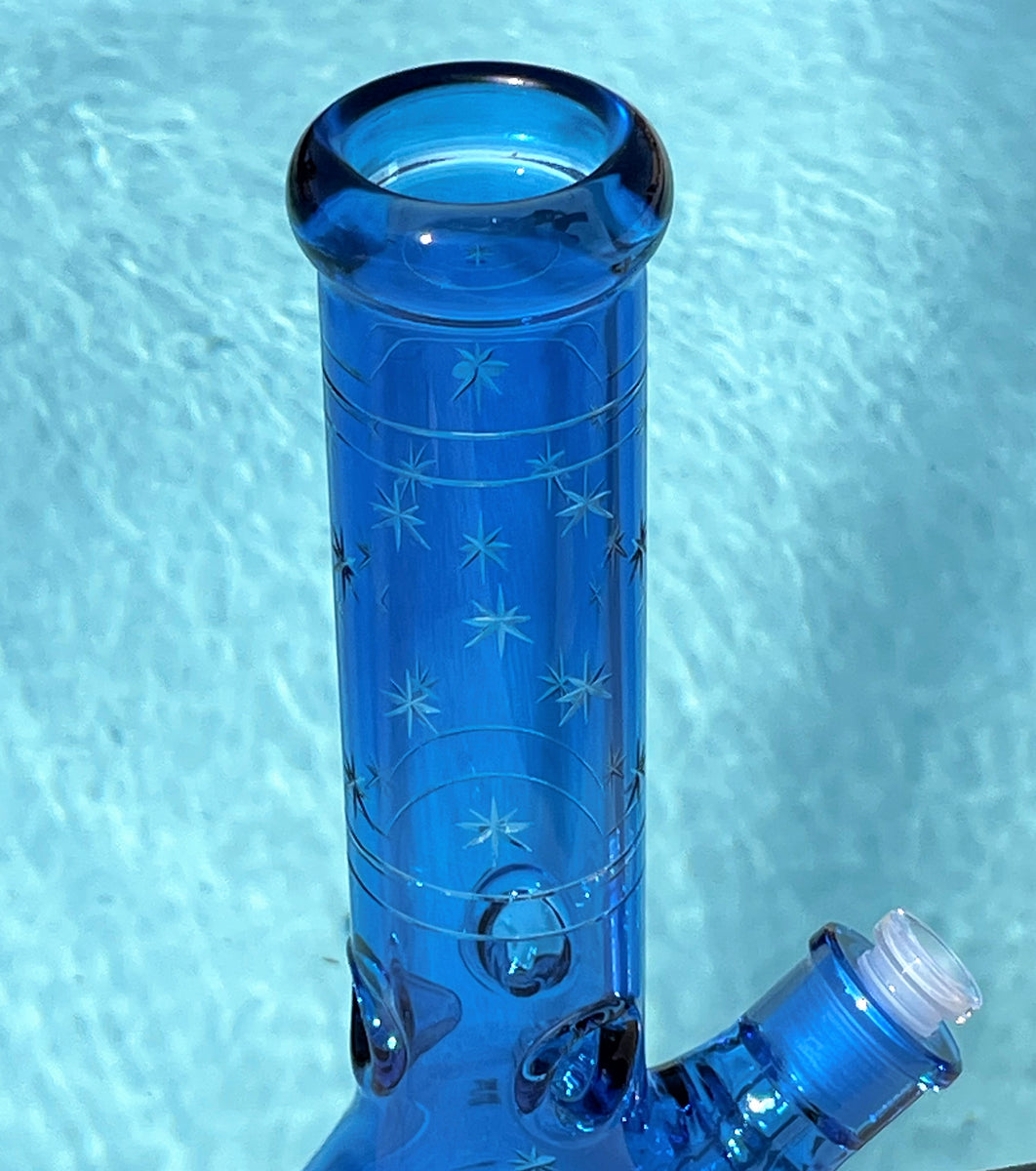 Beautiful Thick Heavy Blue Glass Best Beaker Bong w/Etched Stars