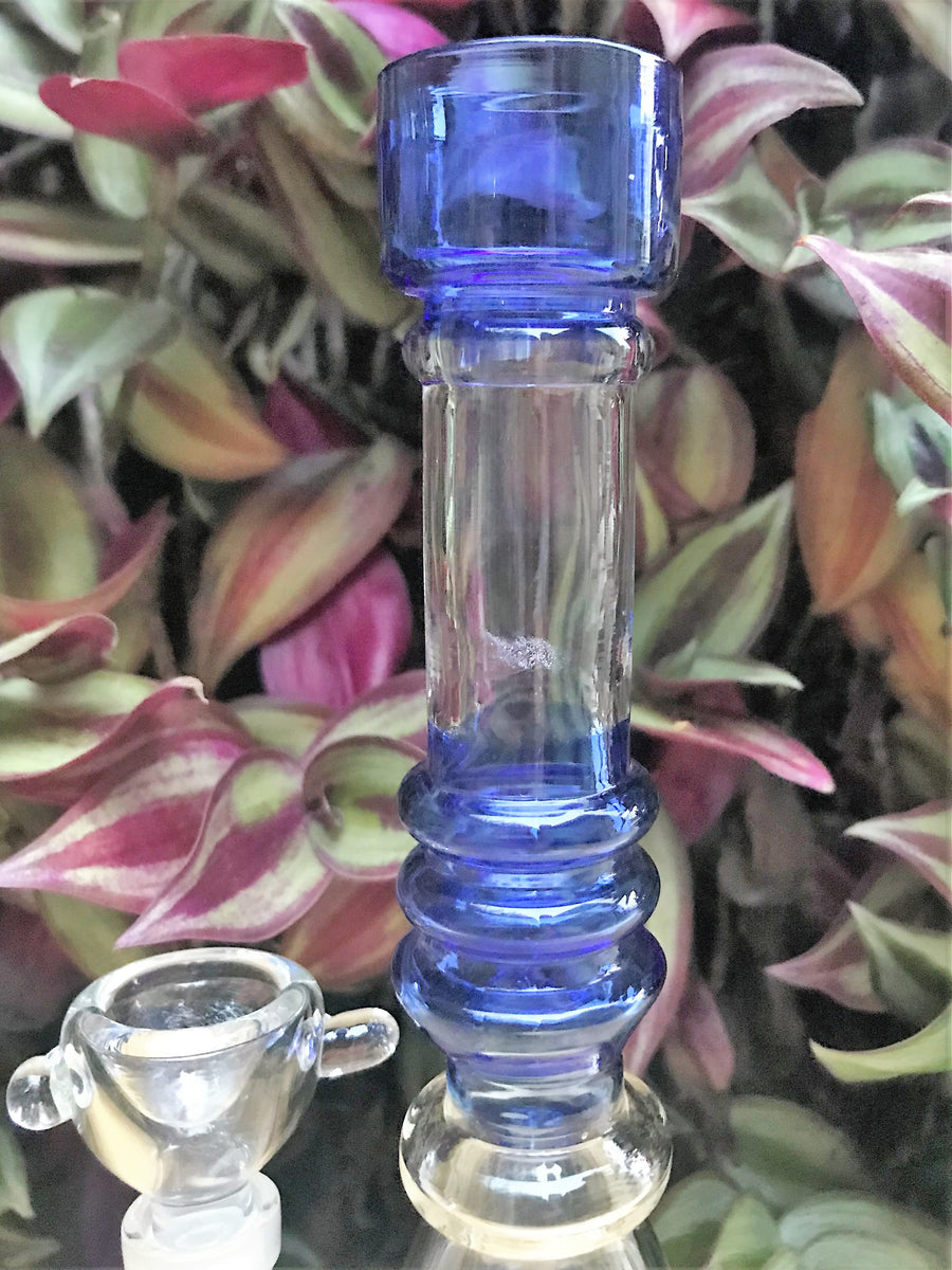 9" Quality Glass Beaker Shower Rig 2 Glass Herb Bowls - Blue Crystal