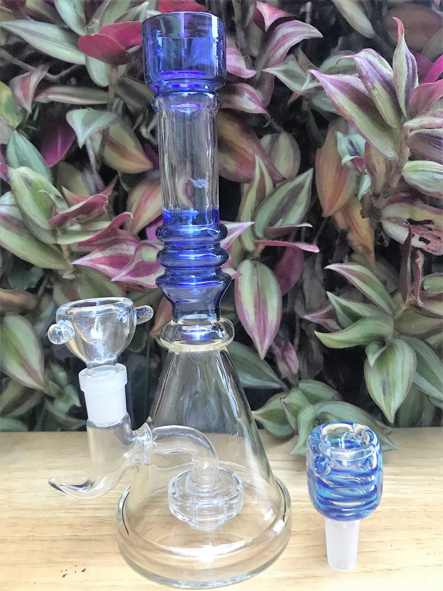 9" Quality Glass Beaker Shower Rig 2 Glass Herb Bowls - Blue Crystal